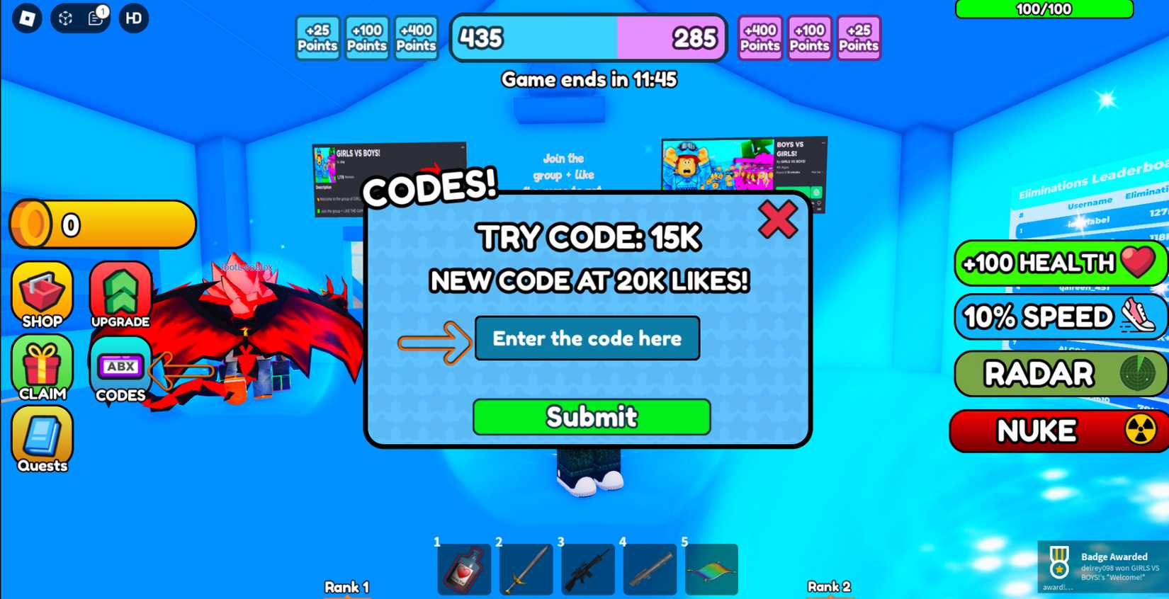 Boys Vs Girls Codes - Roblox