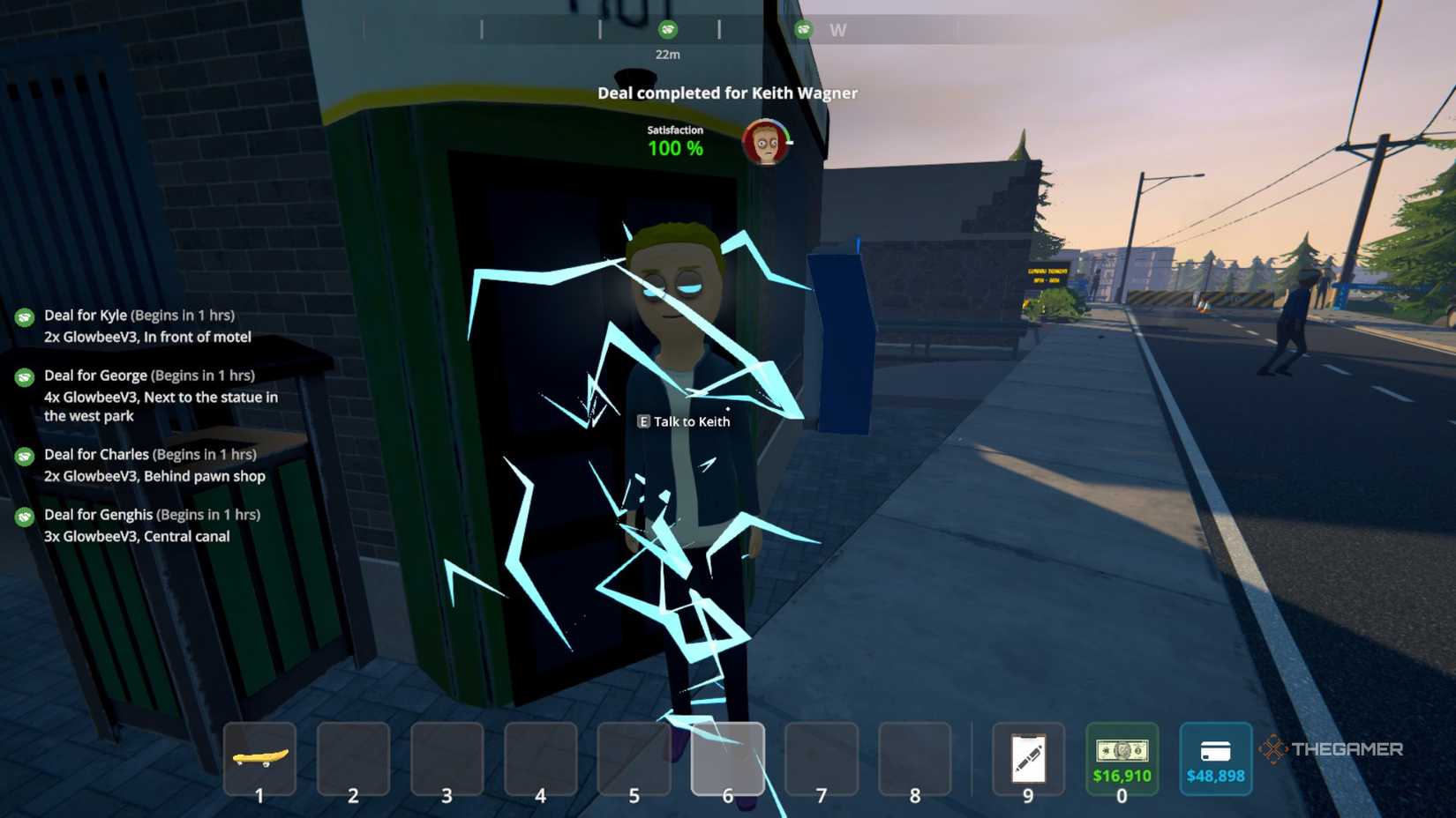 Player character watching an NPC gain effects such as electricity, a ...