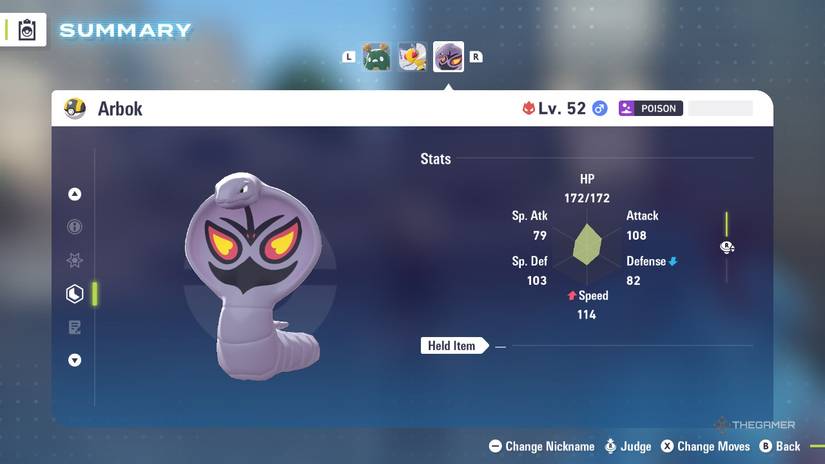 Arbok's stats in the menu of Pokemon Legends: Z-A.
